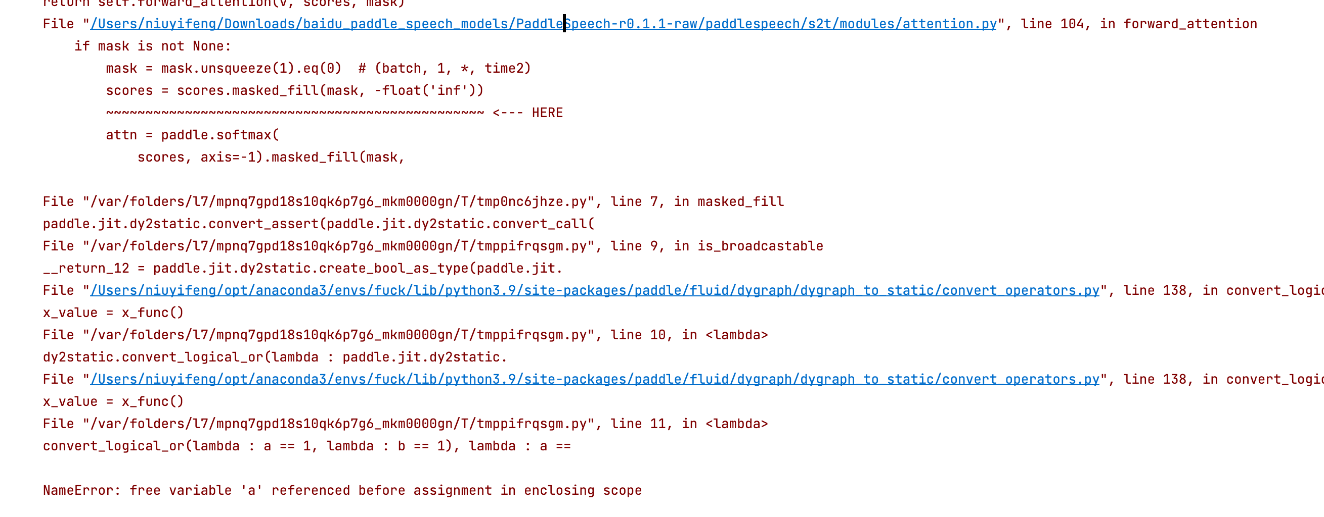 paddlespeech/s2t/modules/attention.py在转换静态图的时候出错 · Issue #1625 · PaddlePaddle/PaddleSpeech · GitHub