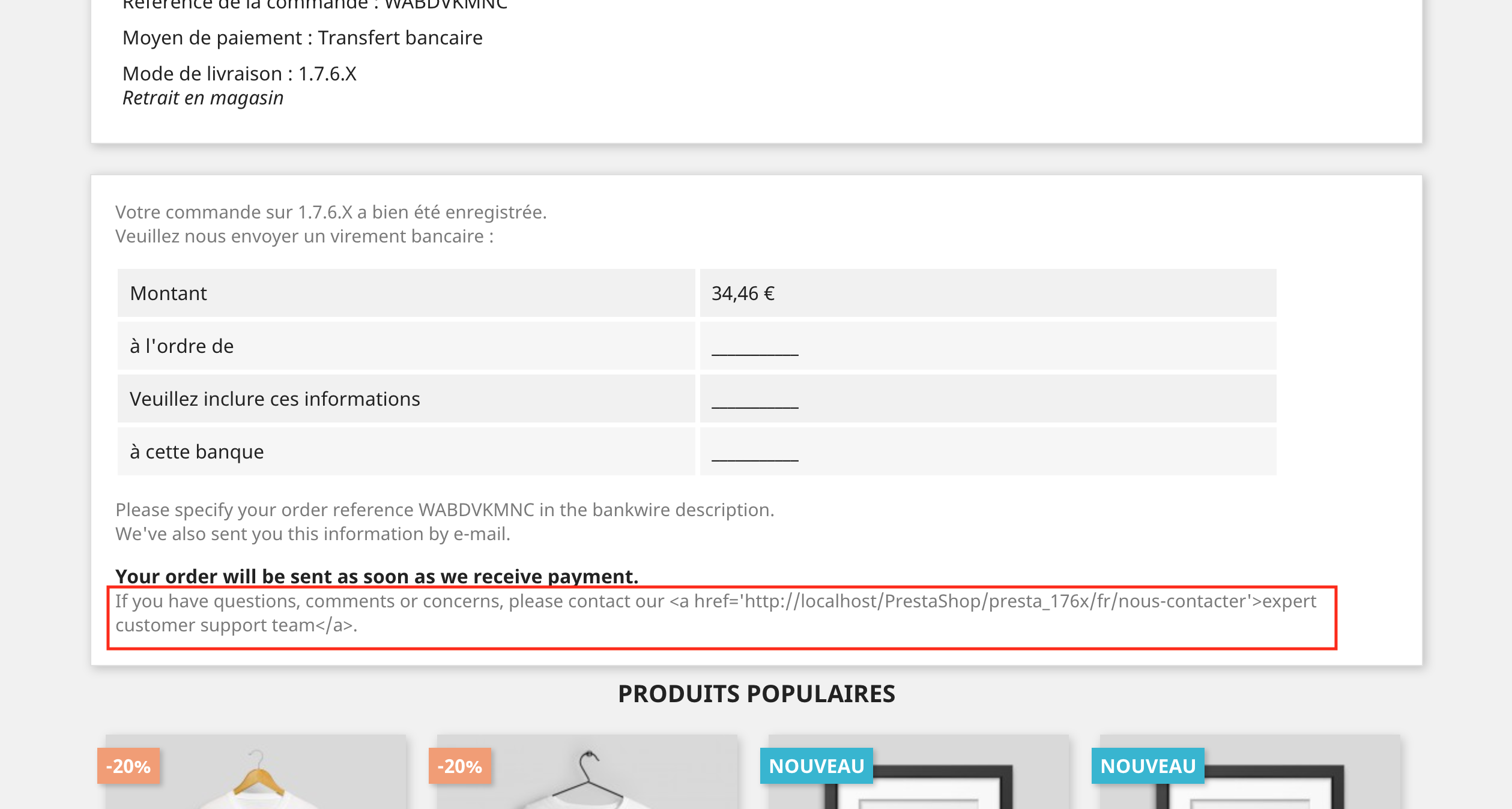 Support link is not displayed properly in the order confirmation ...