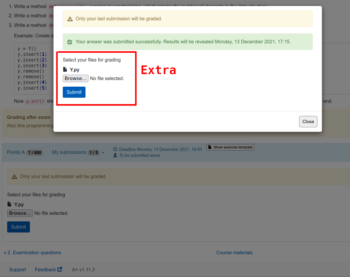 The response dialog of a submit exercise shows another submission form ...