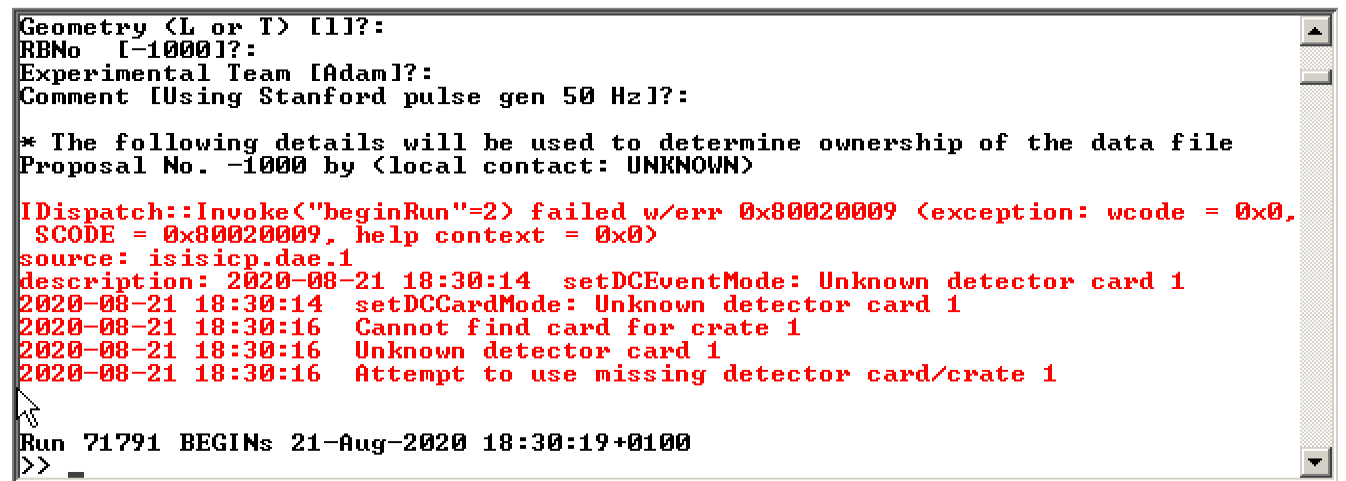 ARGUS: Run fails to start run with "setDCCardMode: Unknown Detector ...