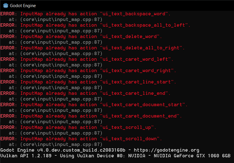 Startup error spam `InputMap already has action` · Issue #52691 · godotengine/godot · GitHub