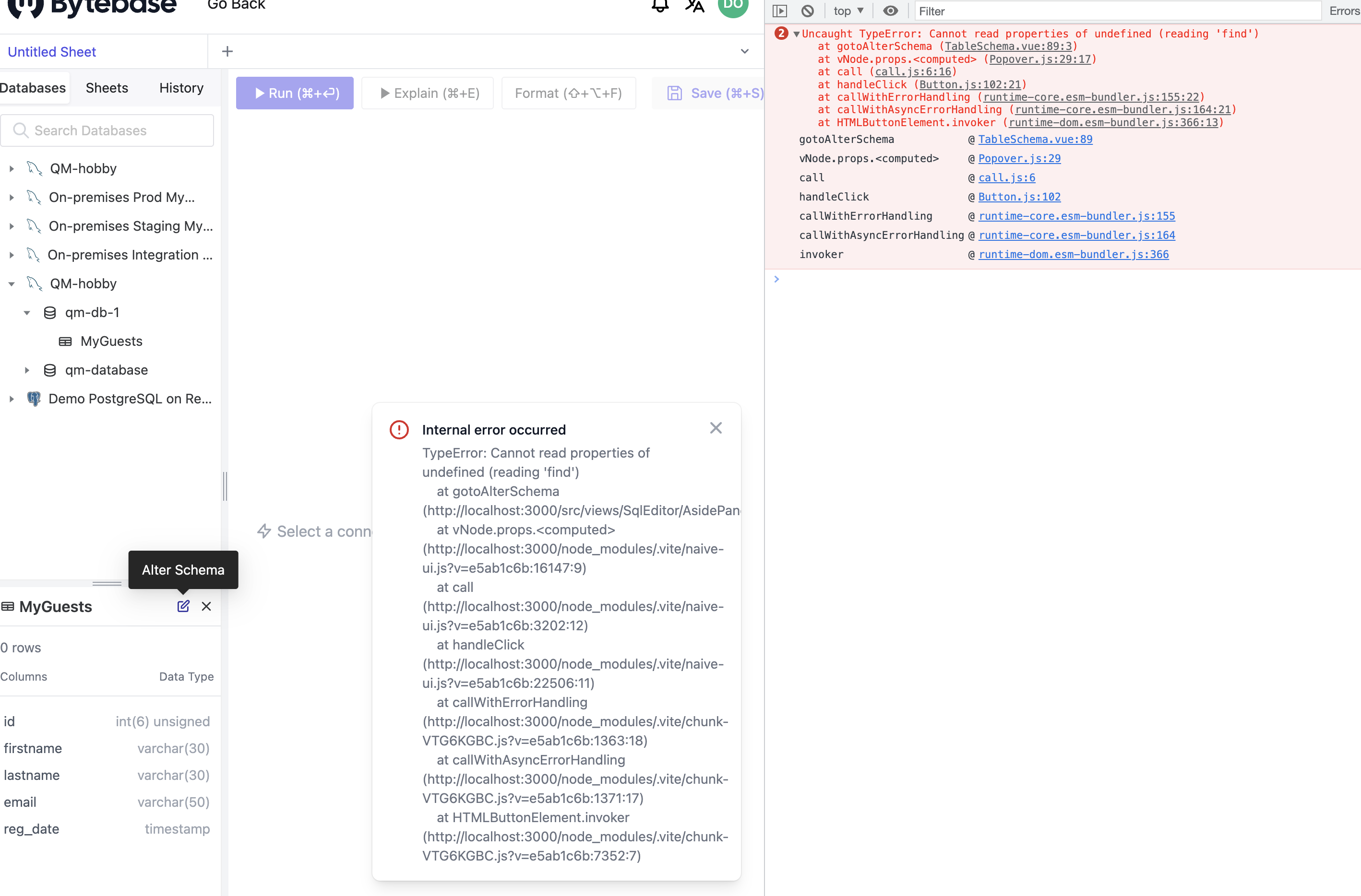【SQL Editor】Alter Schema function is not working. · Issue #1120 · bytebase/bytebase · GitHub