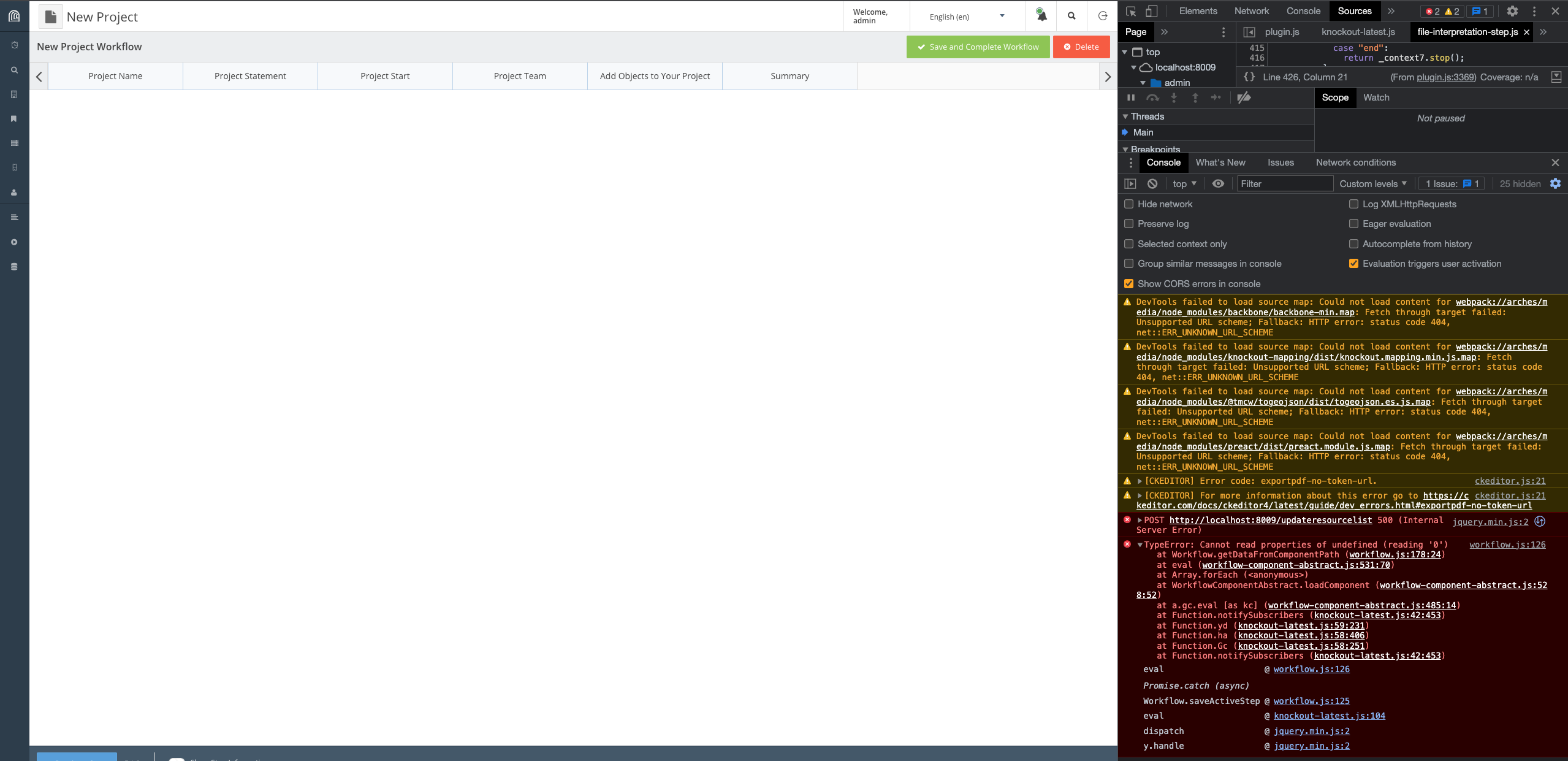 Error in last step of New Project Workflow · Issue #1169 · archesproject/arches-for-science · GitHub