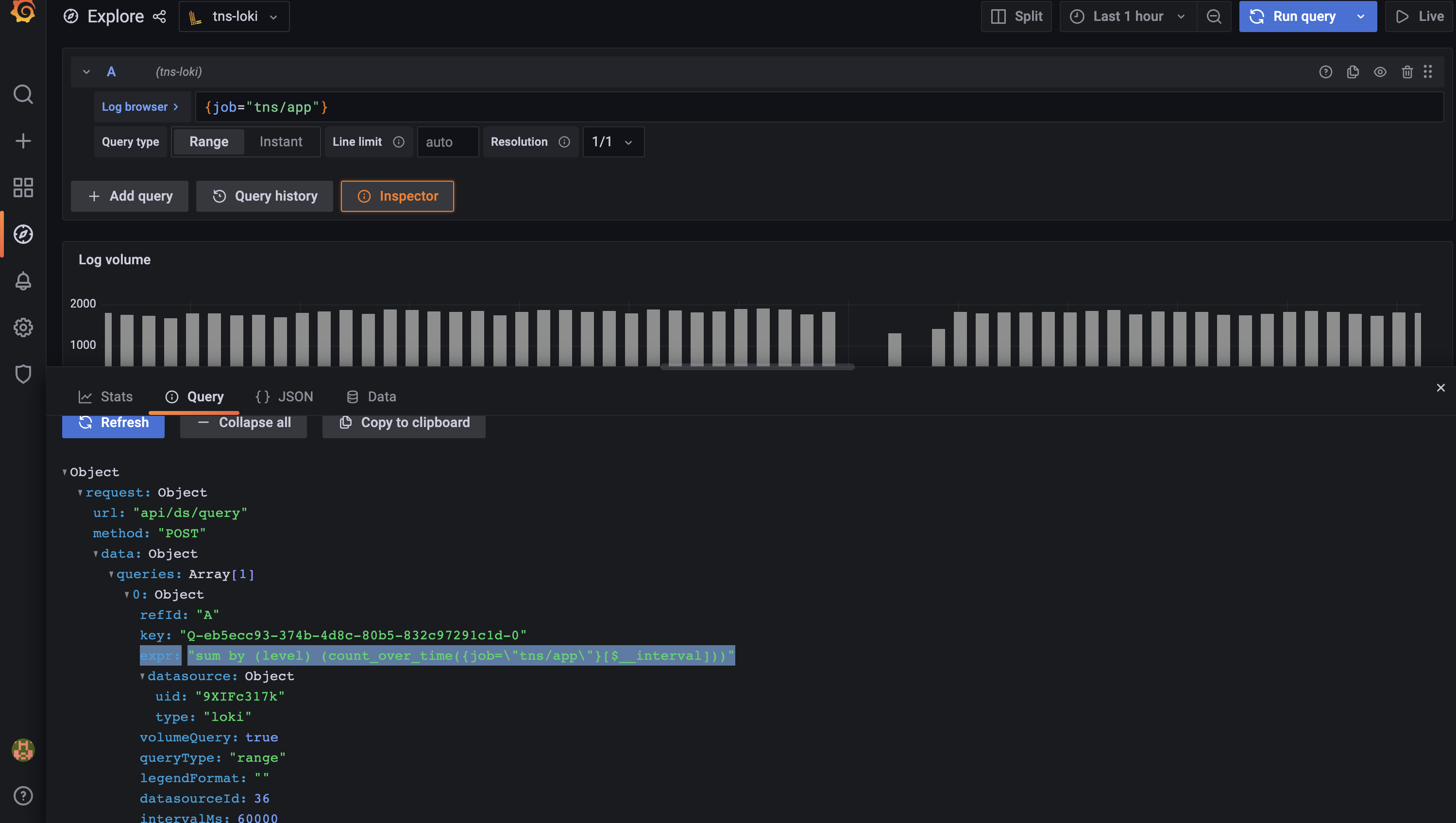 Explore: For logs query in Inspector we see log volume query instead of executed query · Issue ...