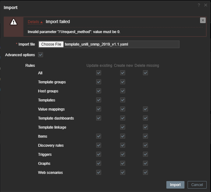 Error When Importing Template Ubqt Unifi Snmp V1 Hn · Issue 221 · Zabbixcommunity Templates