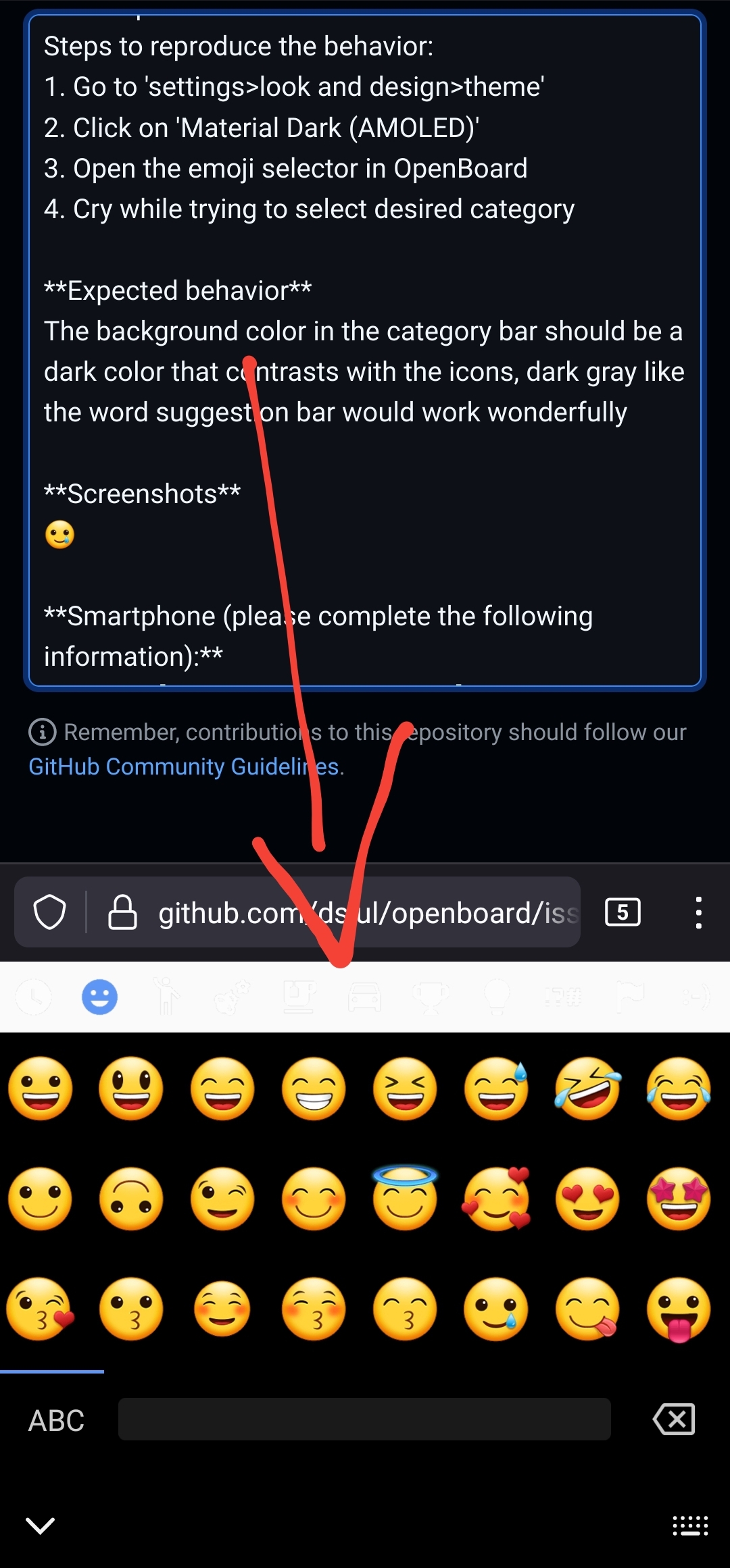 Emoji categories virtually unreadable in AMOLED theme · Issue #412 · openboard-team/openboard ...