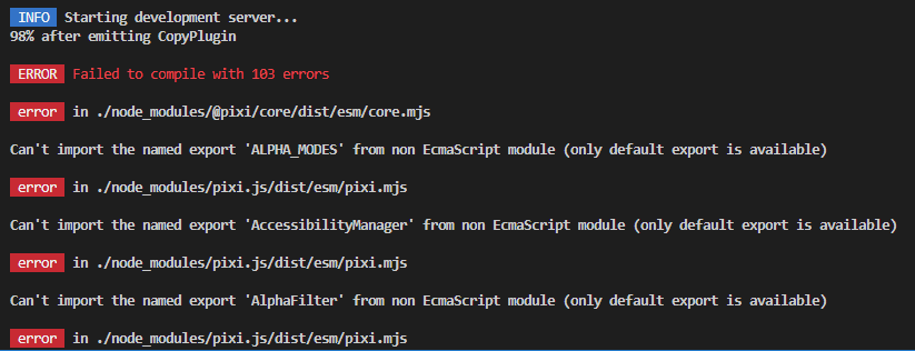 Can't import the named export 'ALPHA_MODES' from non EcmaScript module (only default export is ...
