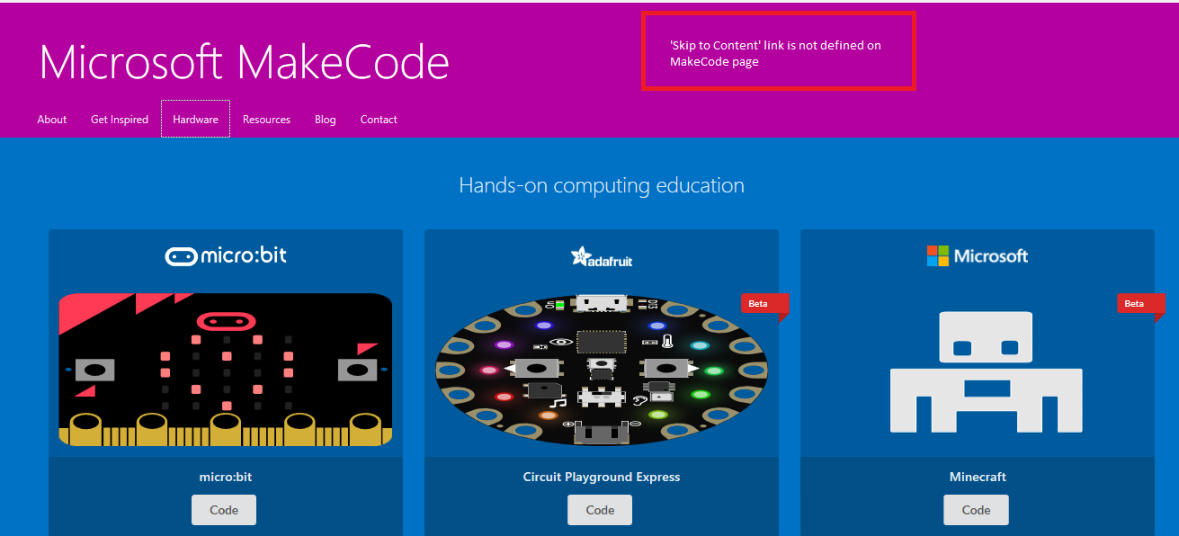 [Screen Reader-Home Page]: 'Skip to Content' link is not defined on MakeCode home page. · Issue ...