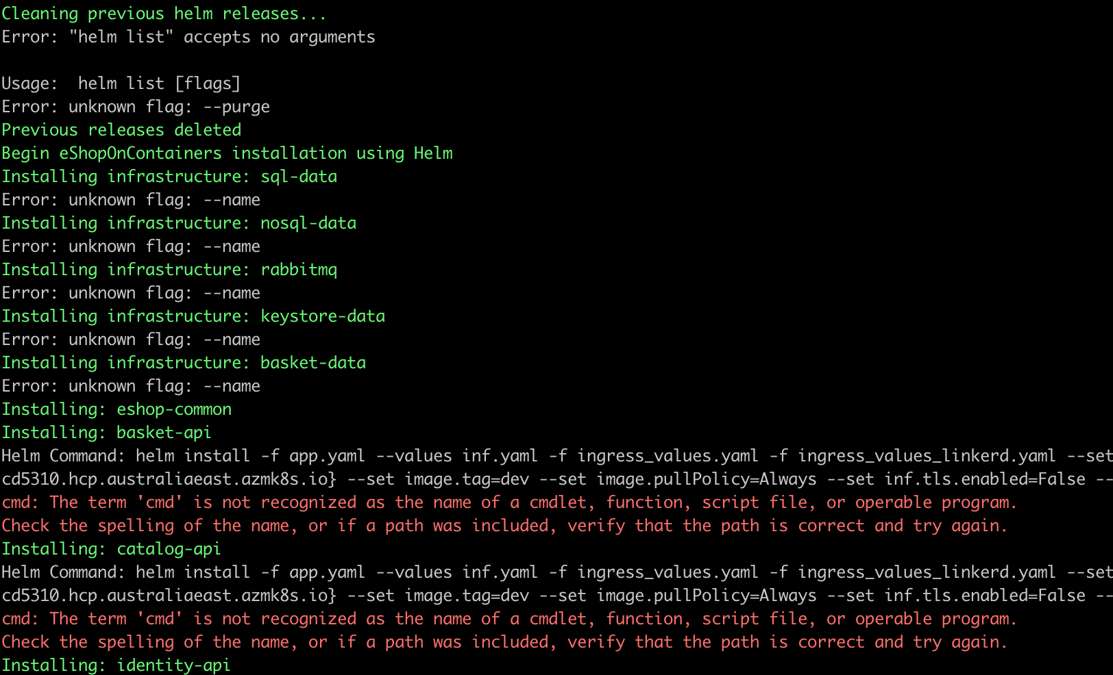 AKS Helm installation - deploy-all.ps1 "Error: unknown flag: --name ...