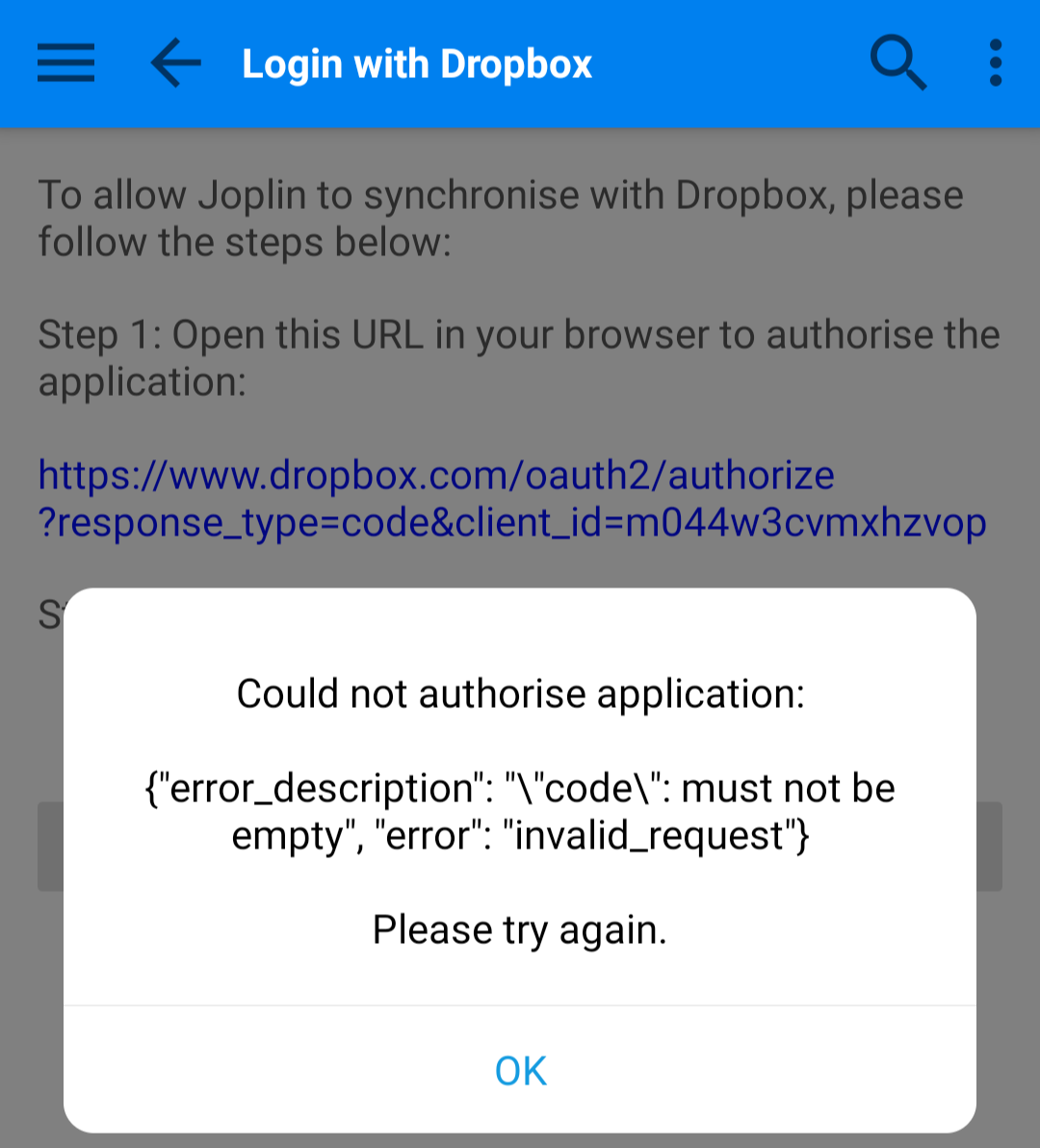 Android: "could not autheize application" "code: must not be empty ...