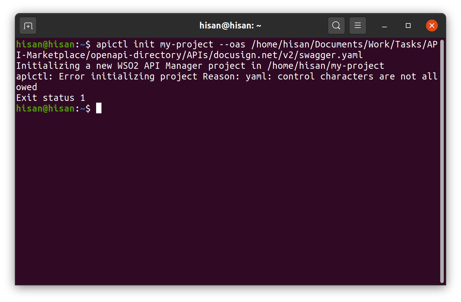 Error Initializing API Project - Reason: yaml: control characters are ...