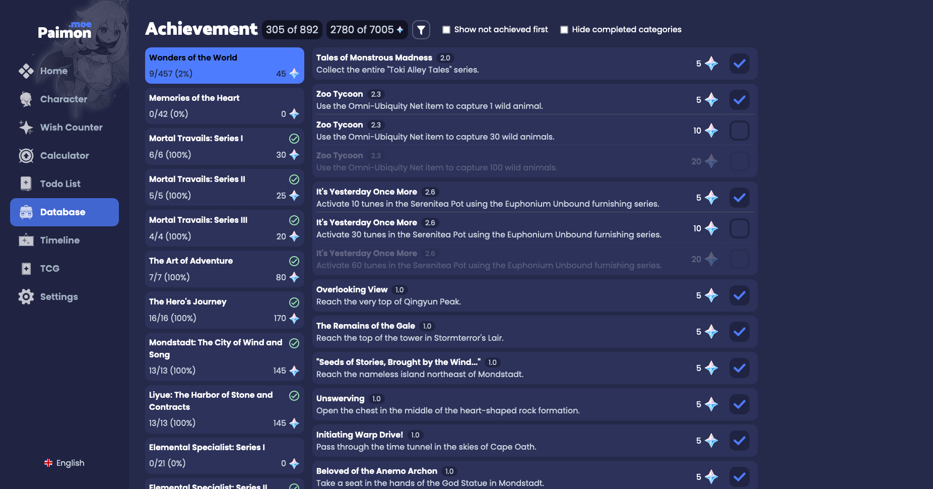Improvement: completed achievement categories · Issue #387 · MadeBaruna/paimon-moe · GitHub