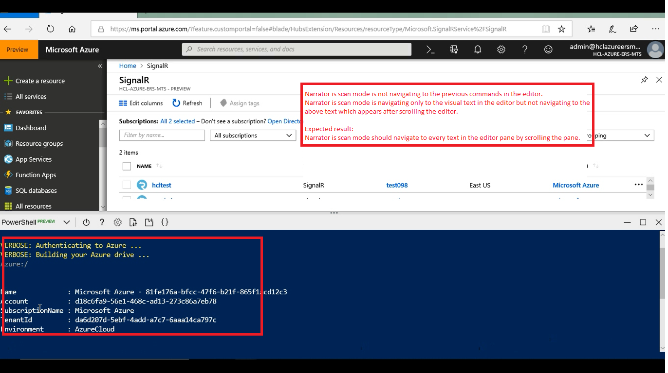 [Screen Reader - CloudShell Editor] Narrator is scan mode is not navigating to the previous ...