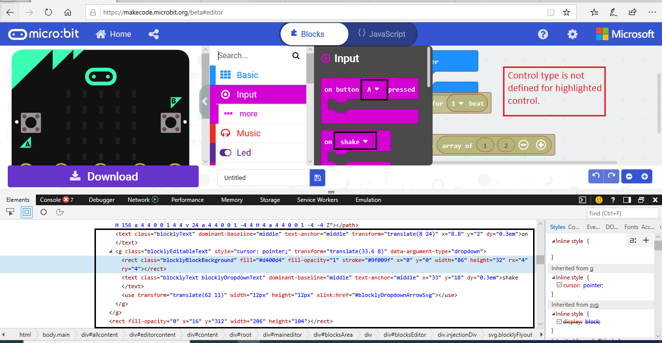 [Programmatic access - Make Code - Blocks] Control type is not defined 'Shake' under Input ...