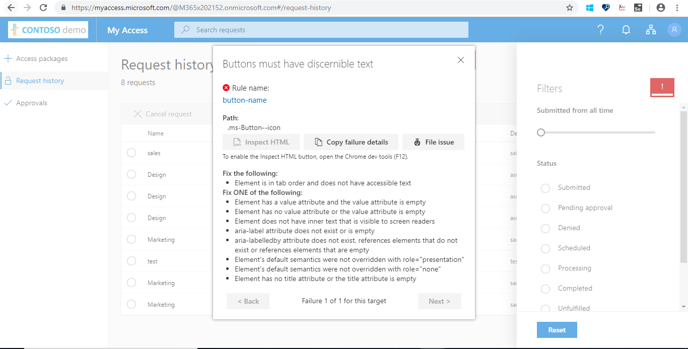 Screen Reader Myaccess Filter Buttons Must Have Discernible Text Ms Button Icon On 