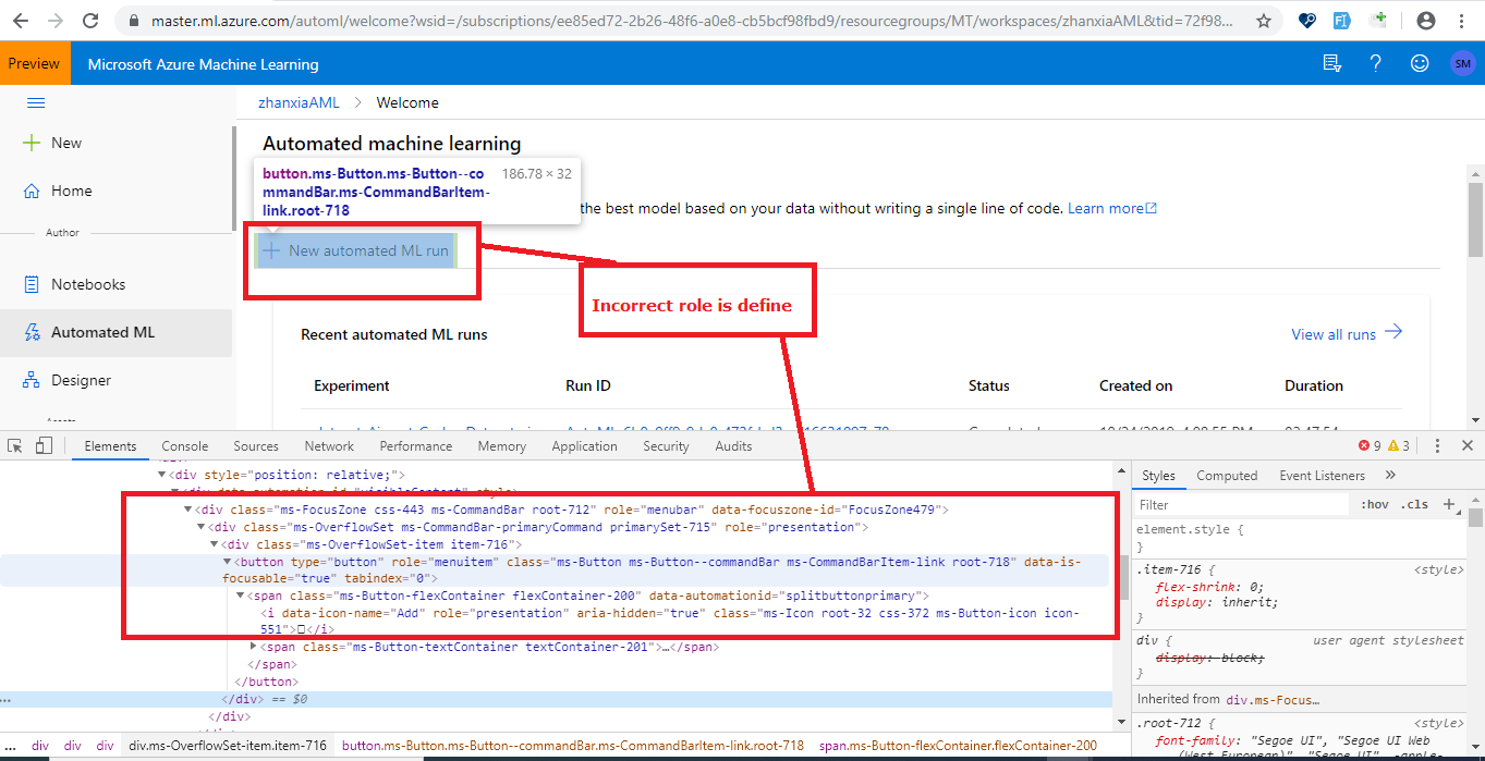 [Programmatic Access -AutoML-Recent Automated ML] Incorrect role is define for 'New Automated ML ...