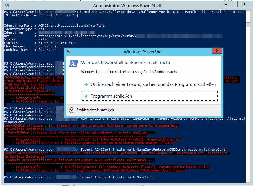Powershell Crash After Submit Acmecertificate Multinamecert · Issue 266 · Ebekker Acmesharp