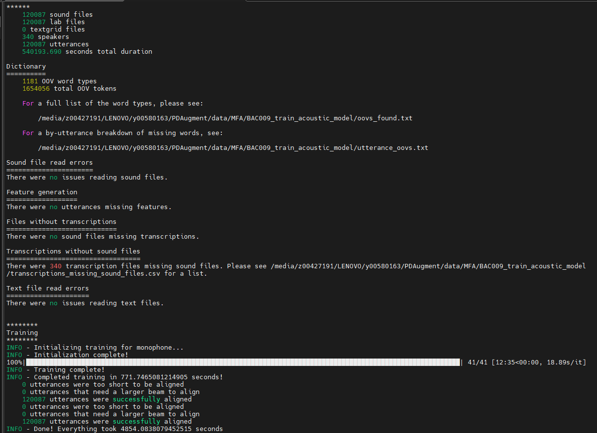 mfa align report "ERROR - There was an error in the run, please see the log." FileNotFoundError ...