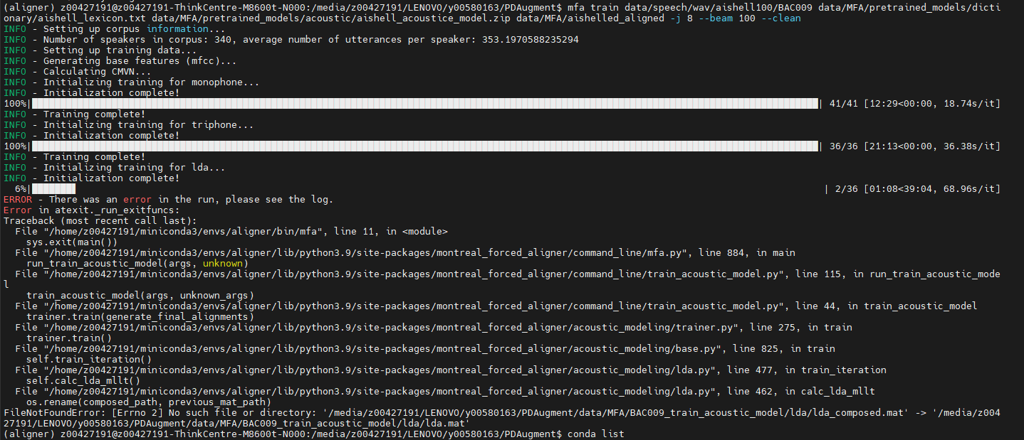 mfa align report "ERROR - There was an error in the run, please see the log." FileNotFoundError ...