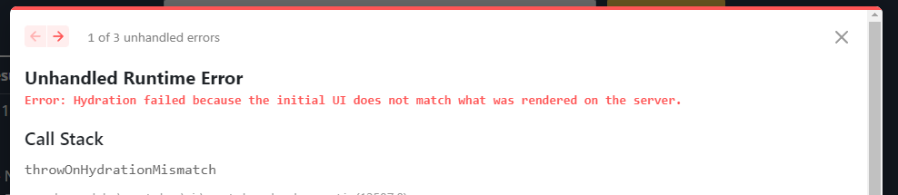 "Hydration failed" error when showing a modal immediately after visiting a URL · vercel next.js ...