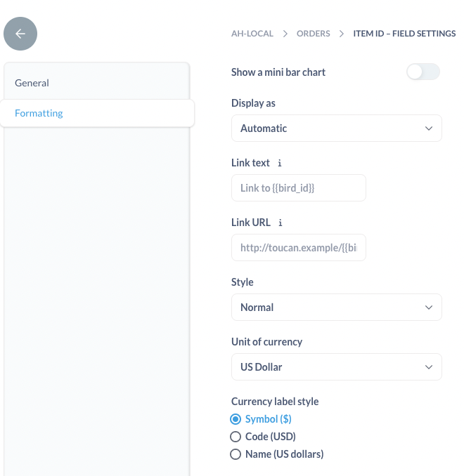 Data Model Field Formatting settings should only show currency settings for currency fields ...