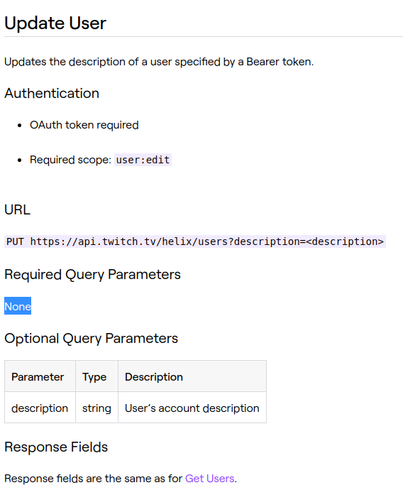 Update User: description parameter listed as optional · Issue #325 · twitchdev/issues · GitHub