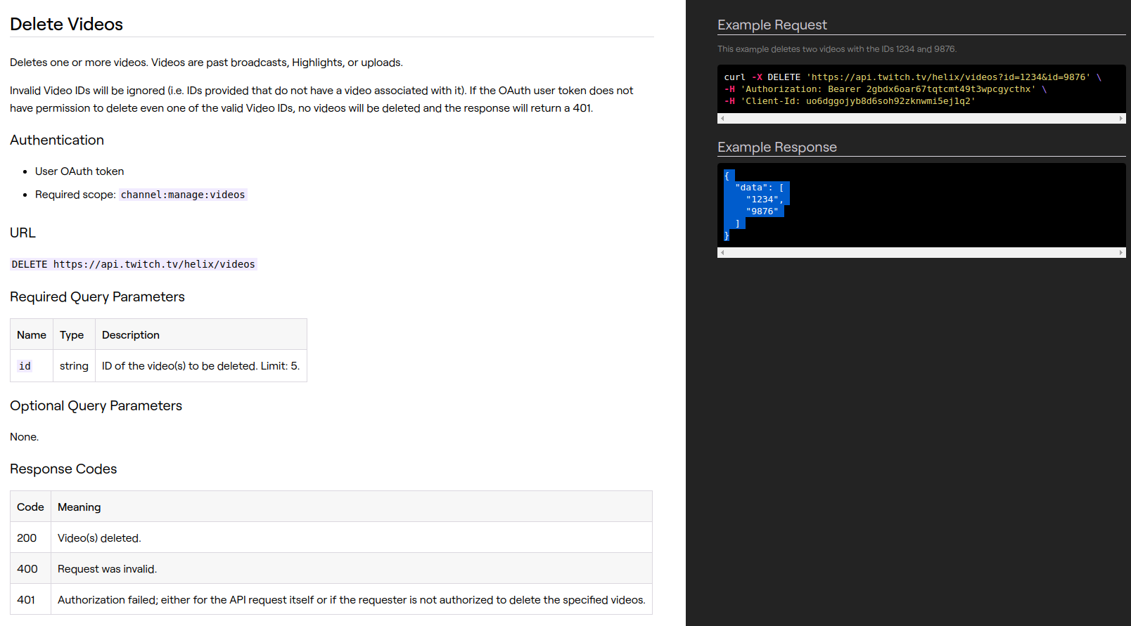Delete Video: No Response Fields, but response shown in example · Issue #326 · twitchdev/issues ...