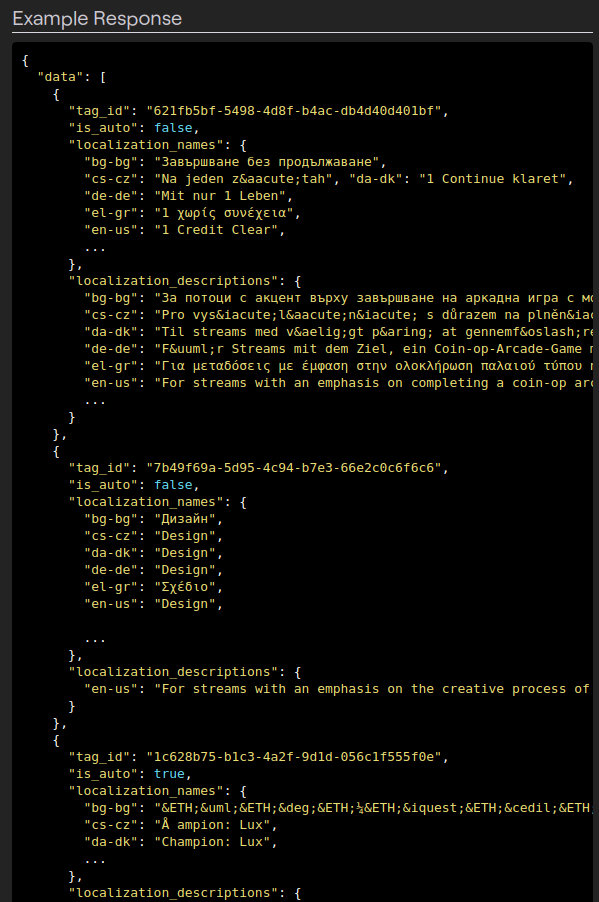 Get All Stream Tags: Response Fields extra field; Example Response poor formatting and errors ...