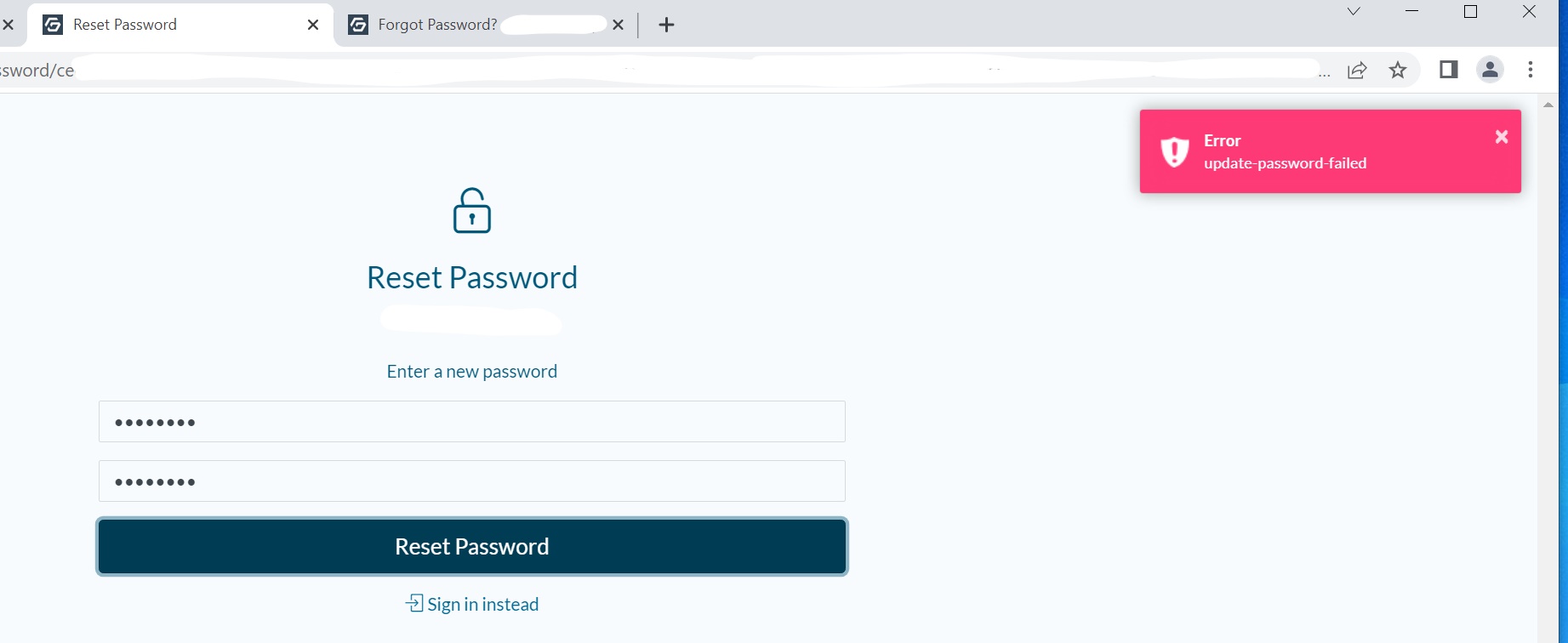 Bug: Password reset gives "Error update-password-failed" when submitting a new password · Issue ...
