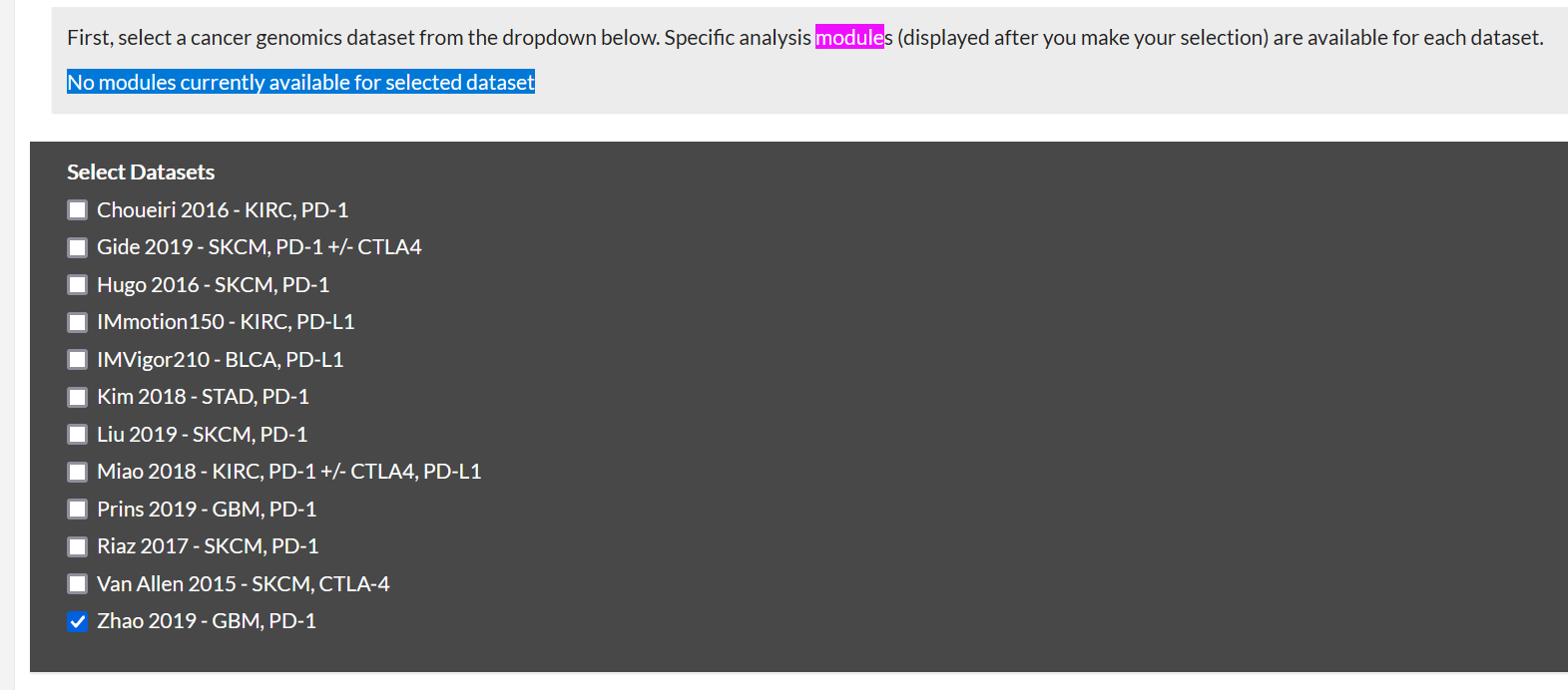 Clarify "No modules currently available for selected dataset" · Issue #24 · CRI-iAtlas/iatlas ...