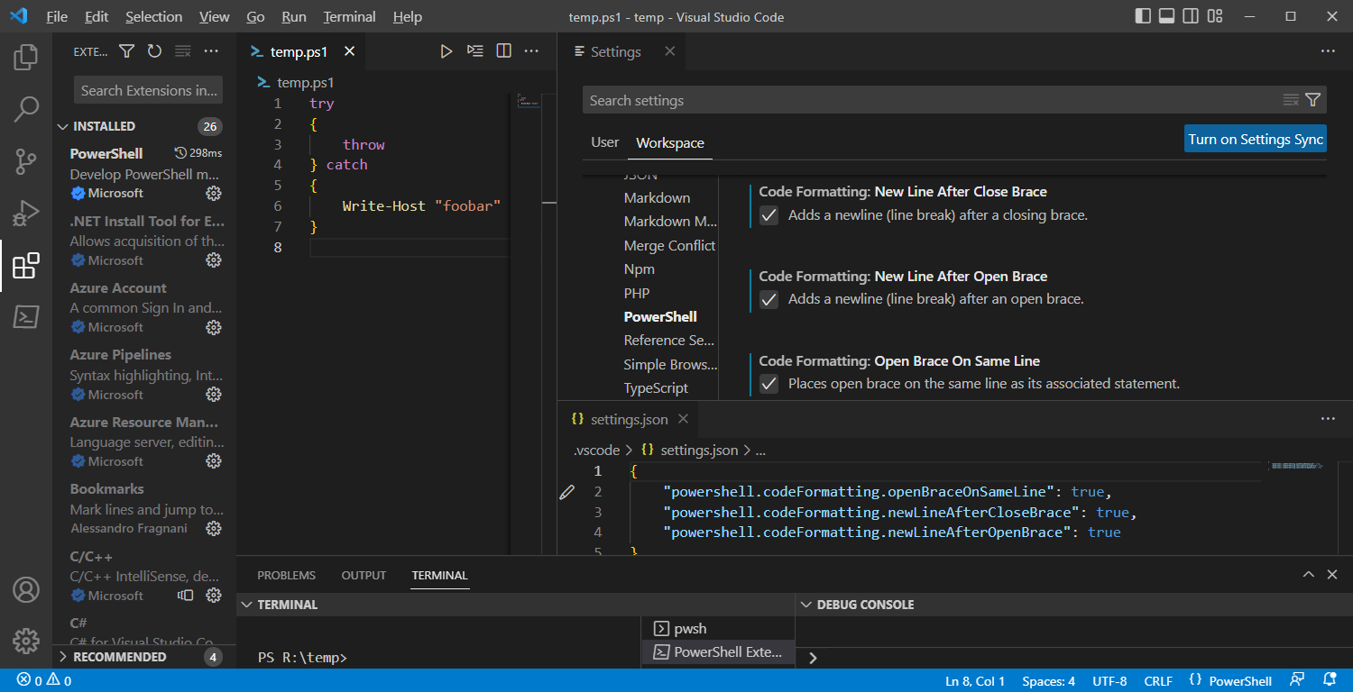 PowerShell Extension Code Formatting settings being ignored. · Issue #167014 · microsoft/vscode ...