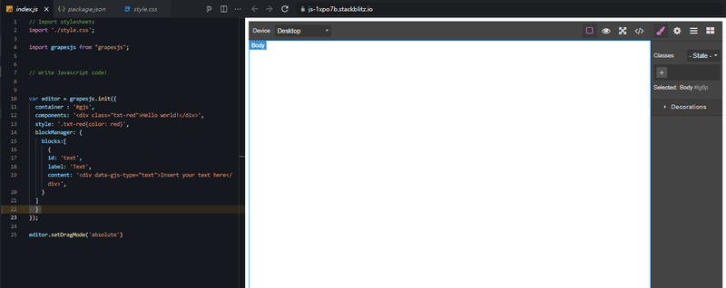 BUG: Error on drag block with dragmode: absolute · Issue #4506 · GrapesJS/grapesjs · GitHub