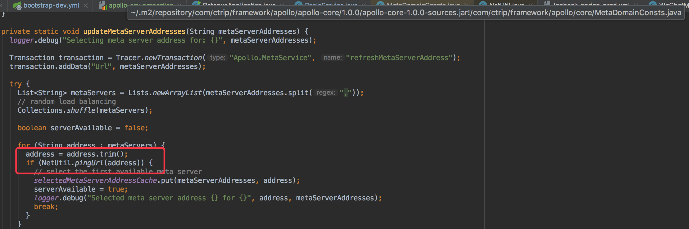 apollo-client 1.0.0有个bug，apollo.meta配置多个地址会报没有可用服务。 · Issue #1465 · apolloconfig/apollo · GitHub