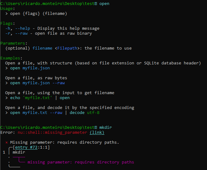Some commands that require a parameter (like open) output their help when run as-is, but others ...