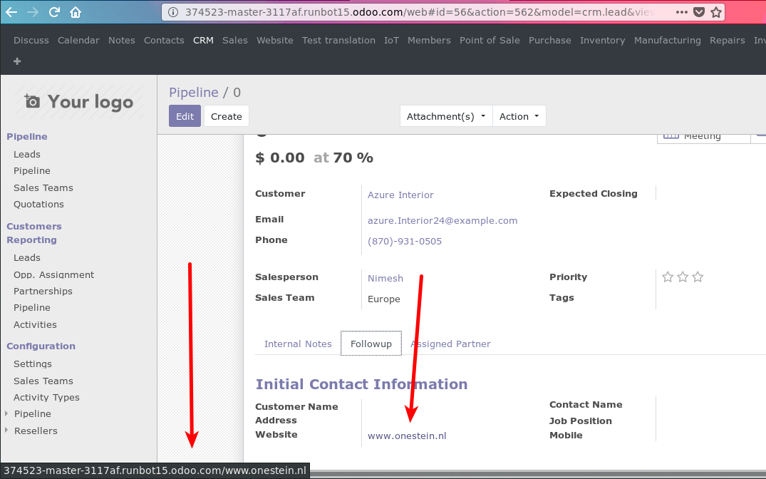 [11.0][12.0] Website field in Pipeline is not working correctly · Issue #27066 · odoo/odoo · GitHub