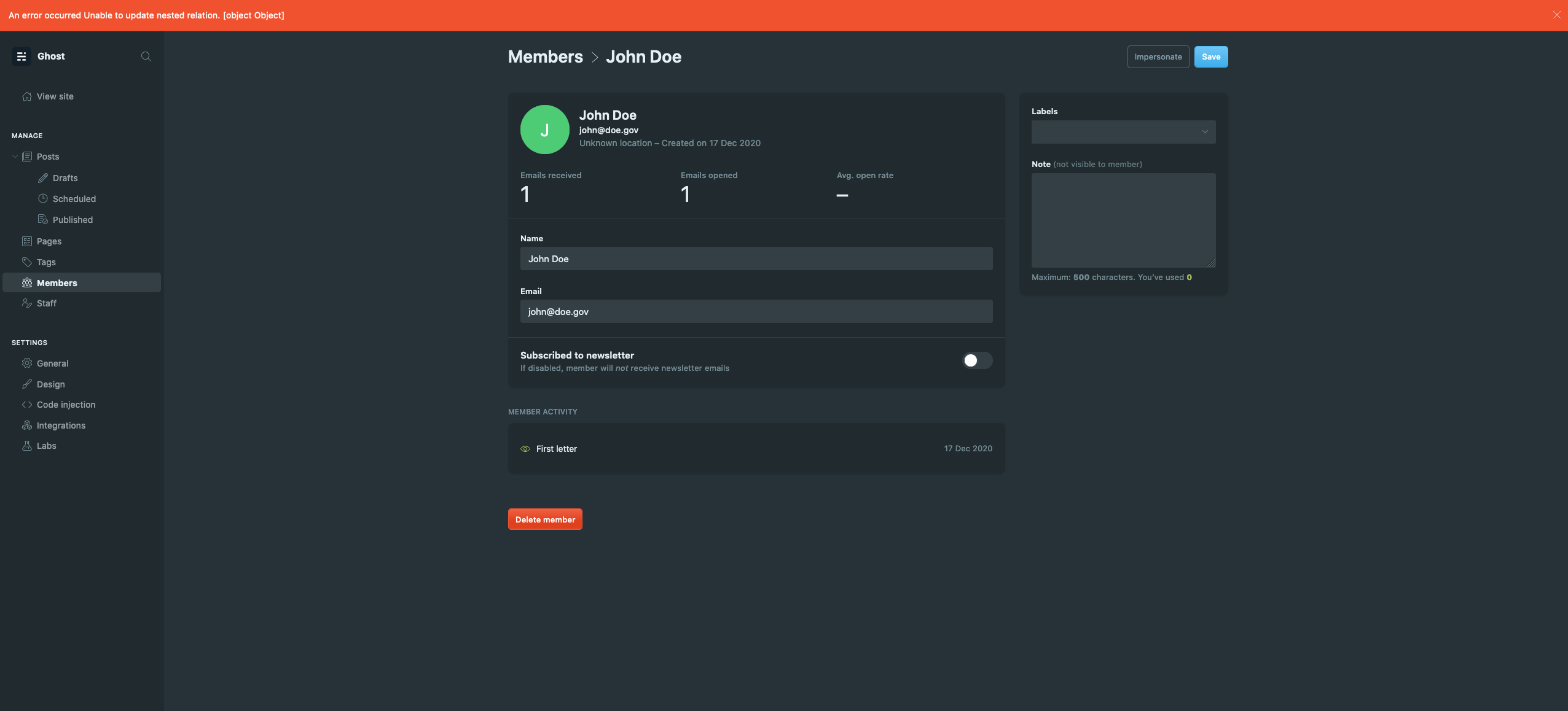 Trying to delete a member through Ghost admin fails with 2 critical errors · Issue #12493 ...