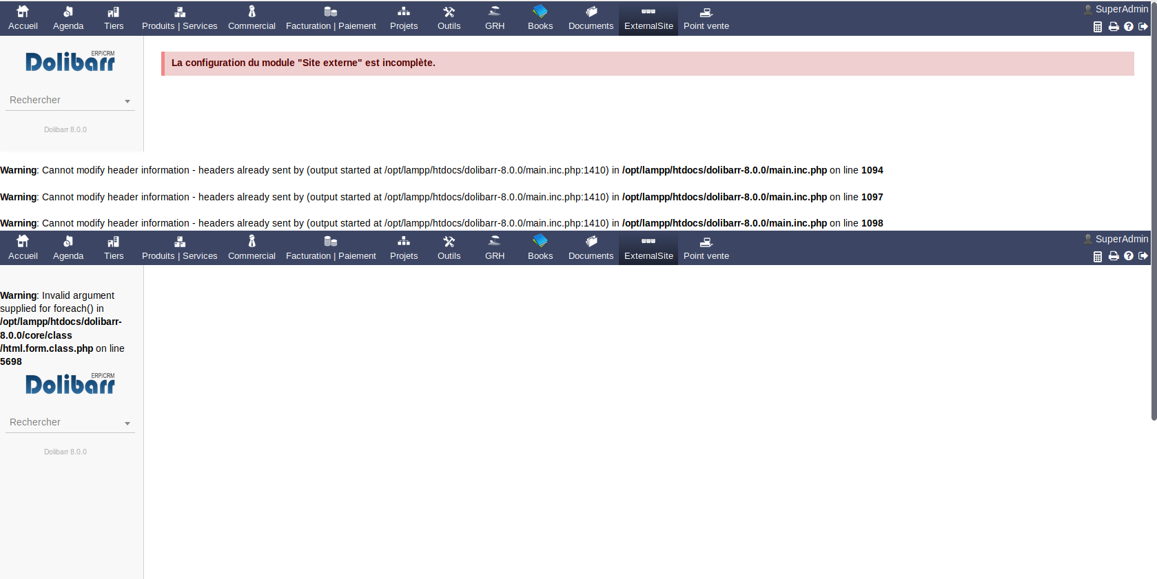 800 Error And Warnings On External Site Module · Issue 9511 · Dolibarrdolibarr · Github 