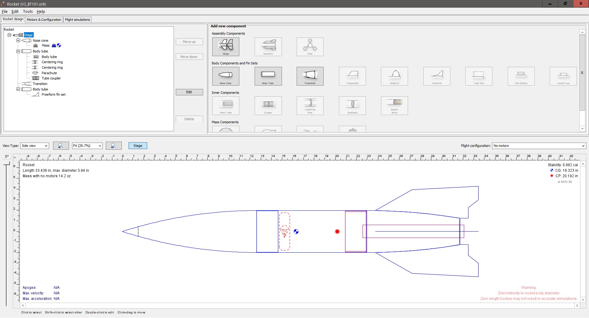 Putting fins on transitions shows less accurate aerodynamics than the old 0-length body tube ...