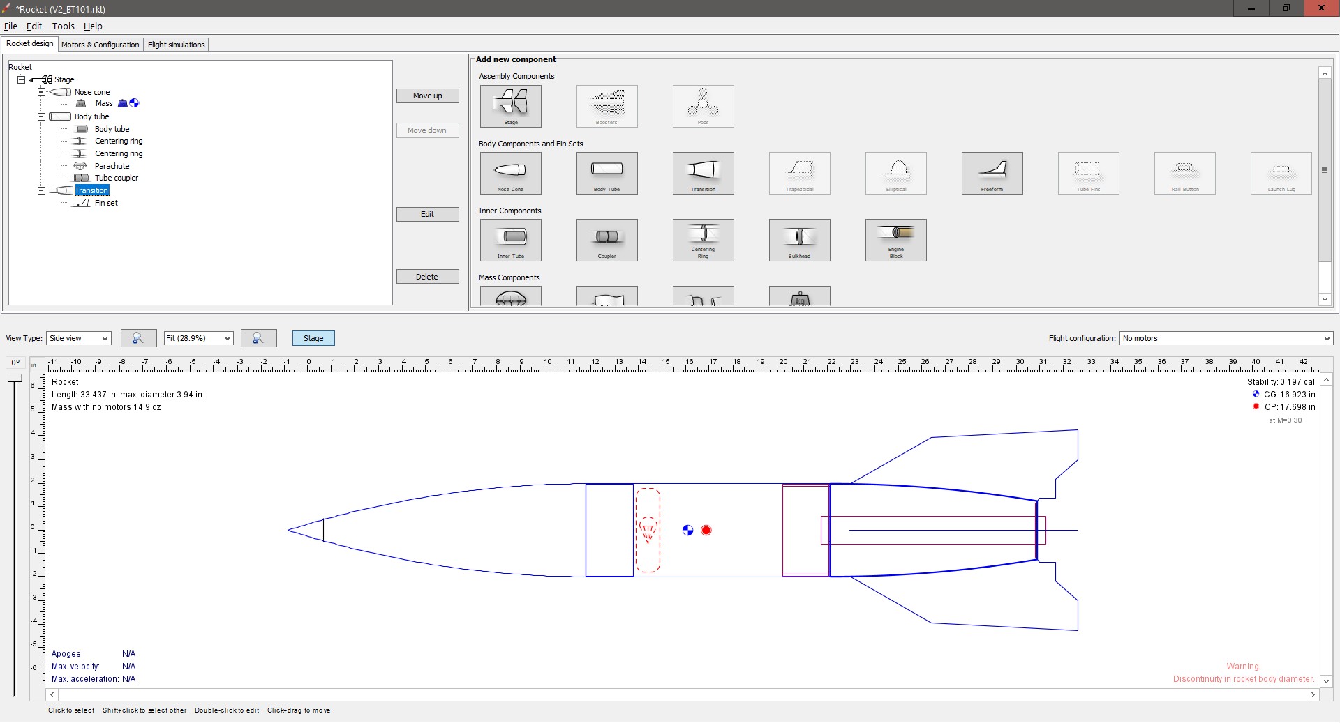 Putting fins on transitions shows less accurate aerodynamics than the old 0-length body tube ...