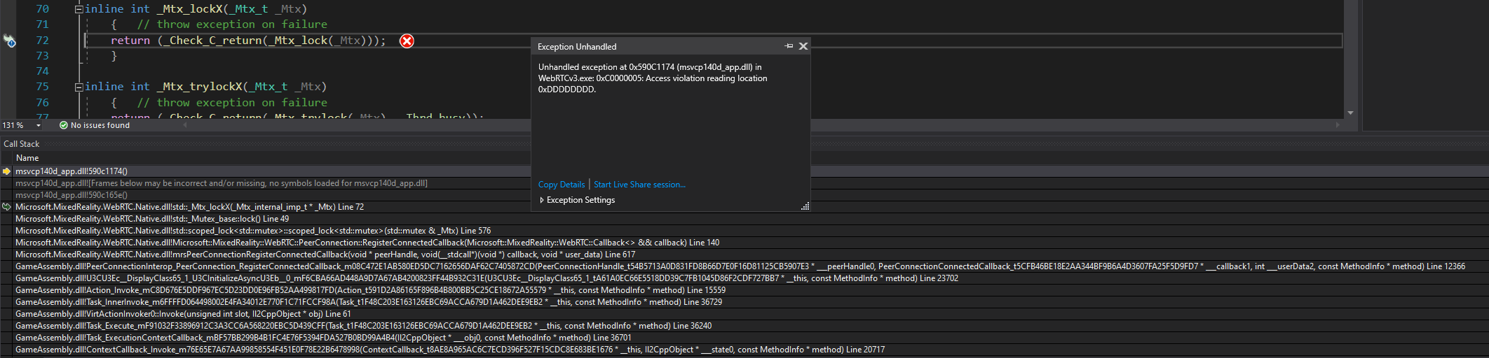 Crashes Sometimes When Initializing A New Peer Connection · Issue 131 · Microsoftmixedreality