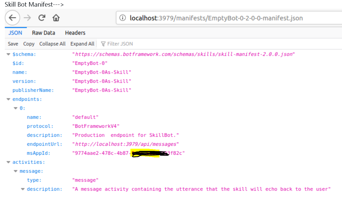Error in invoking Skill ID .. ""http://localhost:3980/manifests/EmptyBot-0-2-0-0-manifest.json ...