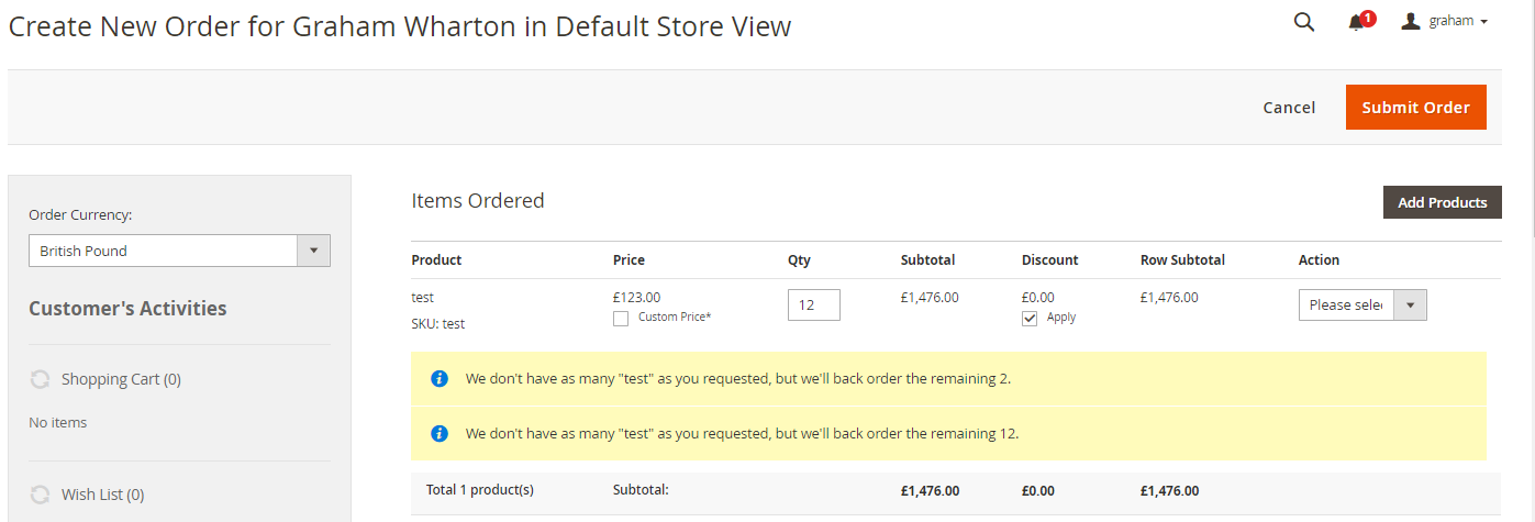 Placing order in Admin for backordered items shows incorrect backorder ...