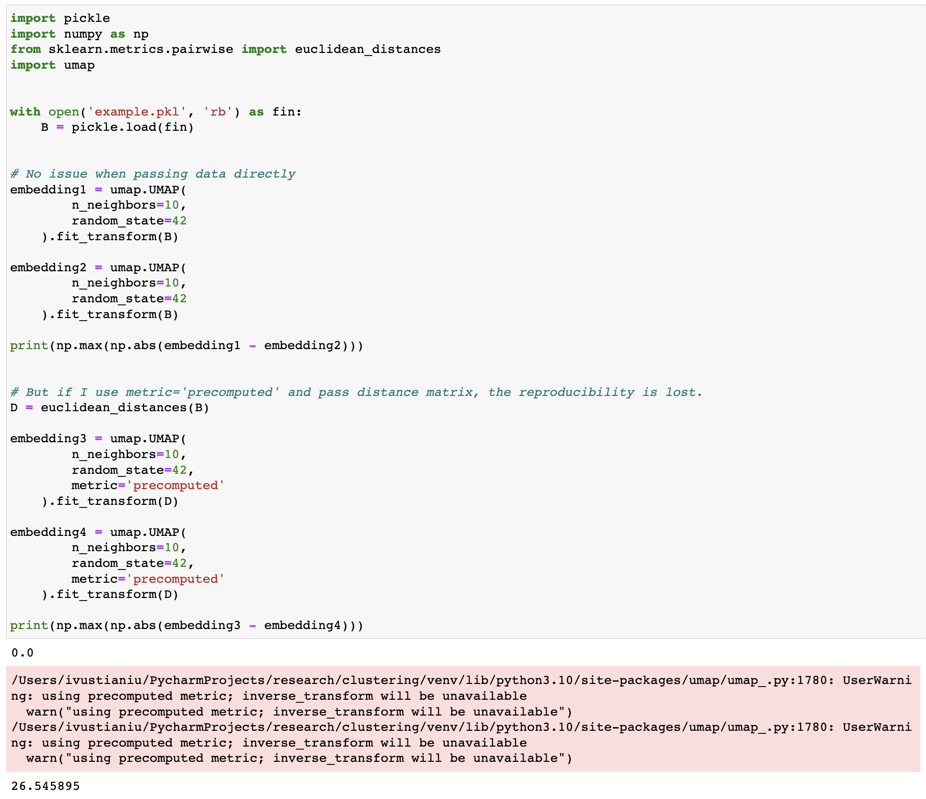 Random state doesn't work with metric='precomputed' · Issue #1021 · lmcinnes/umap · GitHub