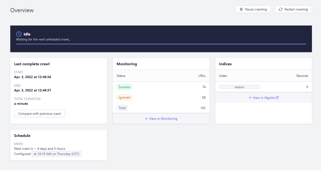 [question] Crawler: the status is idle · Issue #1348 · algolia/docsearch · GitHub
