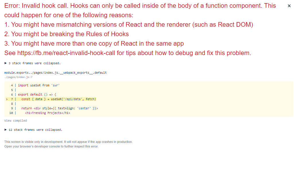 Help needed: Error: Invalid hook call · Issue #431 · vercel/swr · GitHub