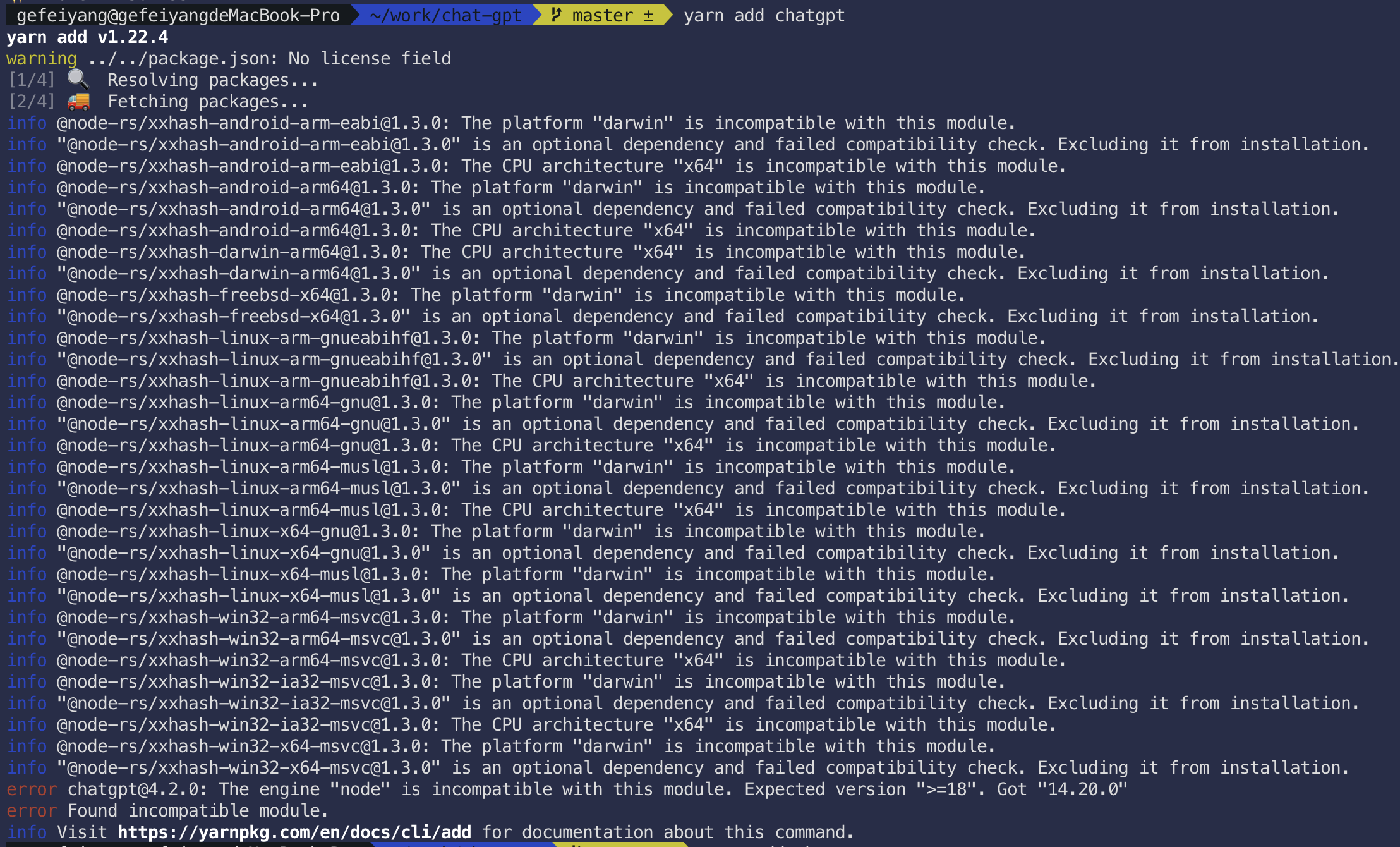 chatgpt@4.2.0: The engine "node" is incompatible with this module. Expected version ">=18". Got ...