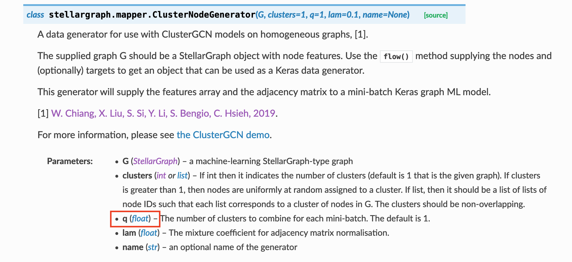 ClusterNodeGenerator docstring specifies wrong type for q · Issue #1515 · stellargraph ...