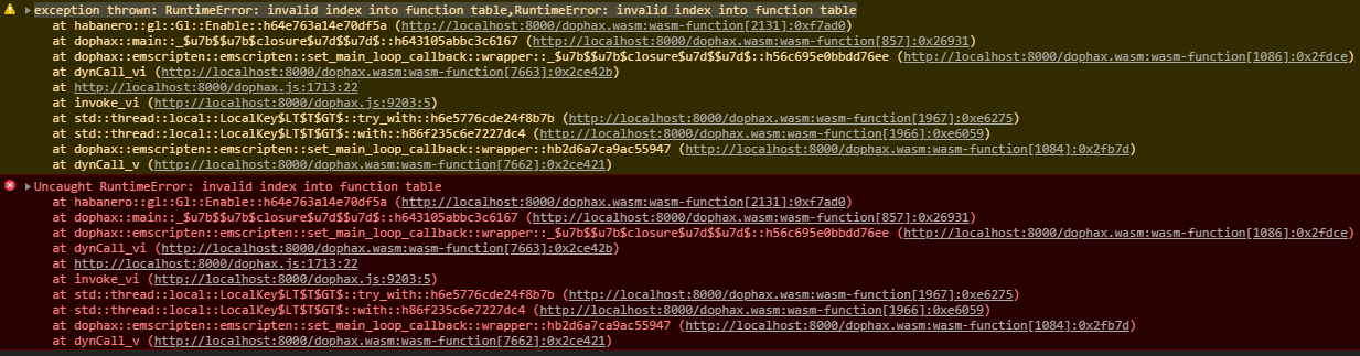 Rust+SDL2+GL: OpenGL function invocations fails with "exception thrown: RuntimeError: invalid ...