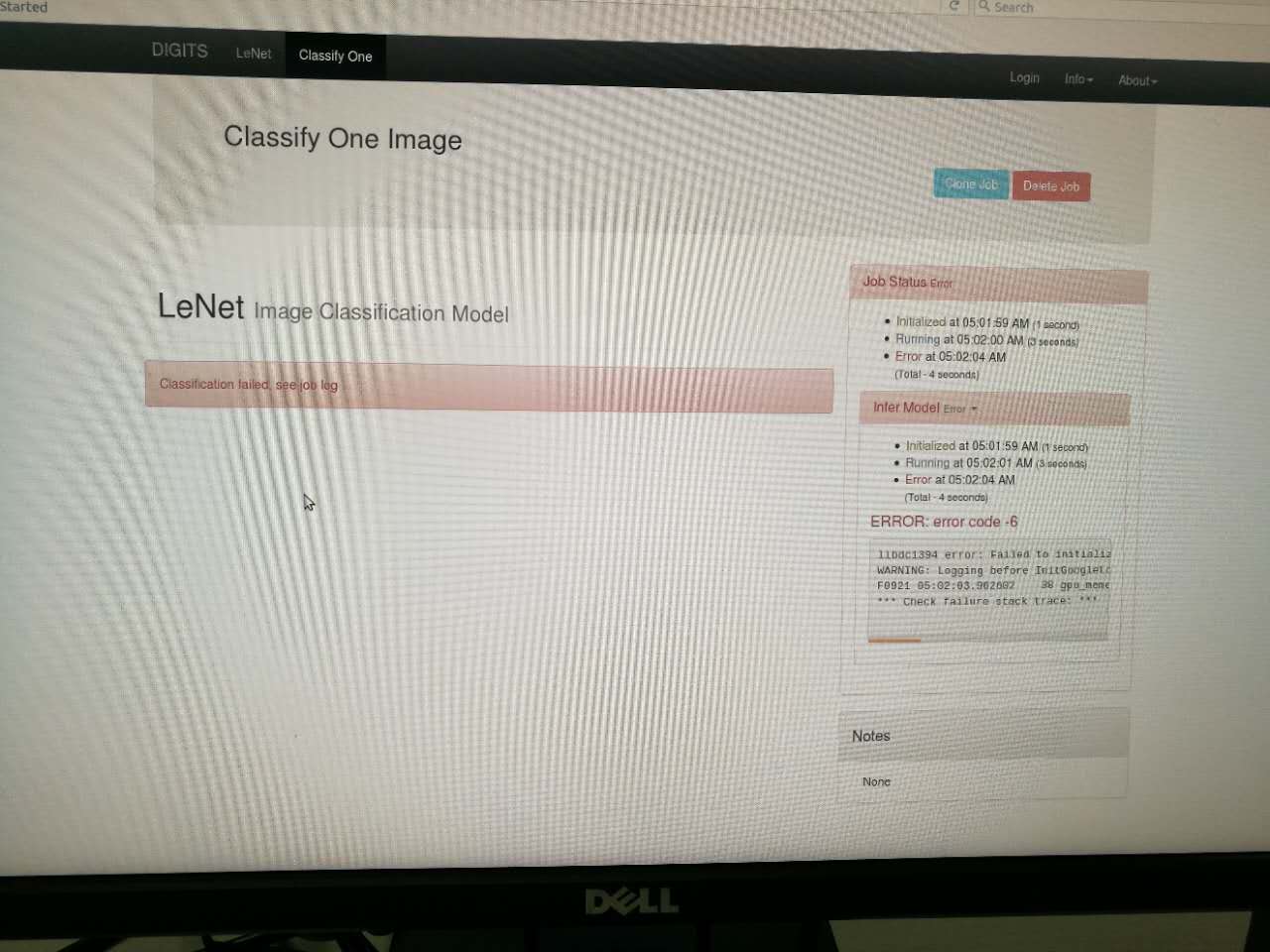 Digits 6.0 failed to classify one image after training complete with " Check failed: error ...